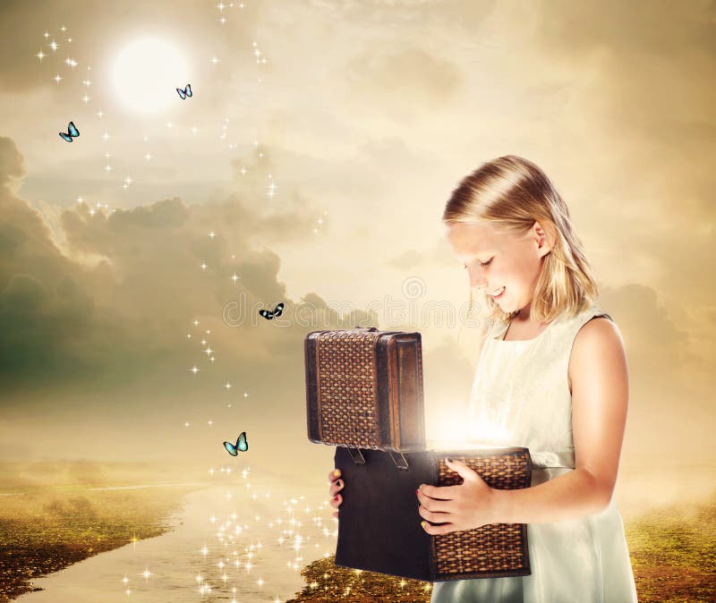Blonde Girl Opening a Treasure Box Stock Image - Image of caucasian ...