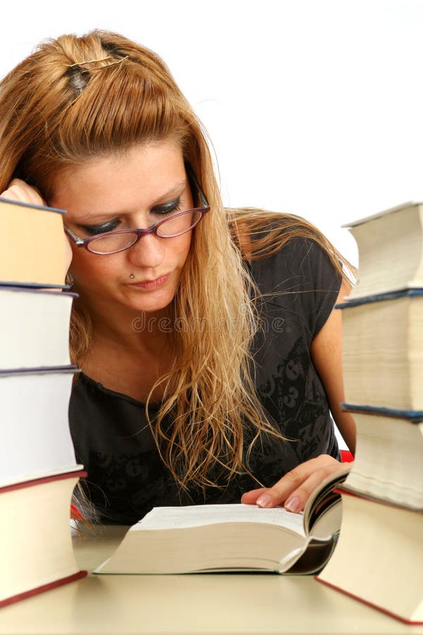 Blonde Girl Studying between Big Books Stock Image - Image of female ...