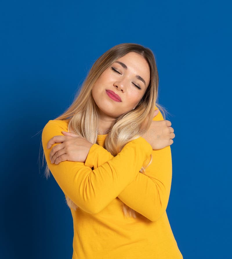 Blonde Girl Wearing A Yellow T Shirt Stock Image Image Of Expression