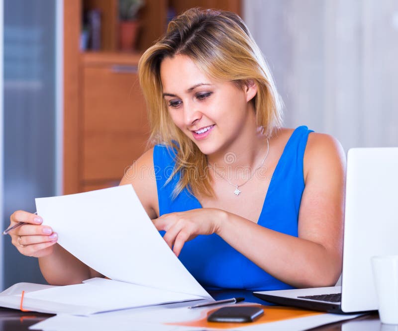 Blonde Girl Working with Documents Stock Image - Image of happy, notes ...