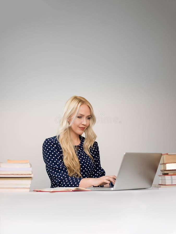 Blonde Girl Working on Laptop Stock Photo - Image of business ...