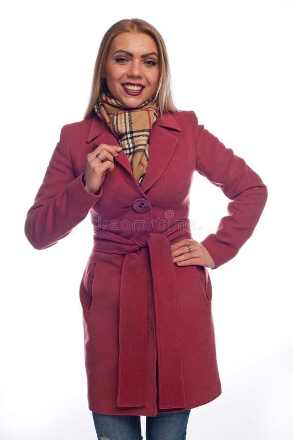 Blonde in a Pink Coat with Buttons and a Belt Stock Image - Image of ...