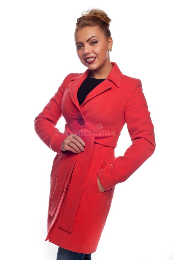 Blonde in a Pink Coat with Buttons and a Belt Stock Photo - Image of ...