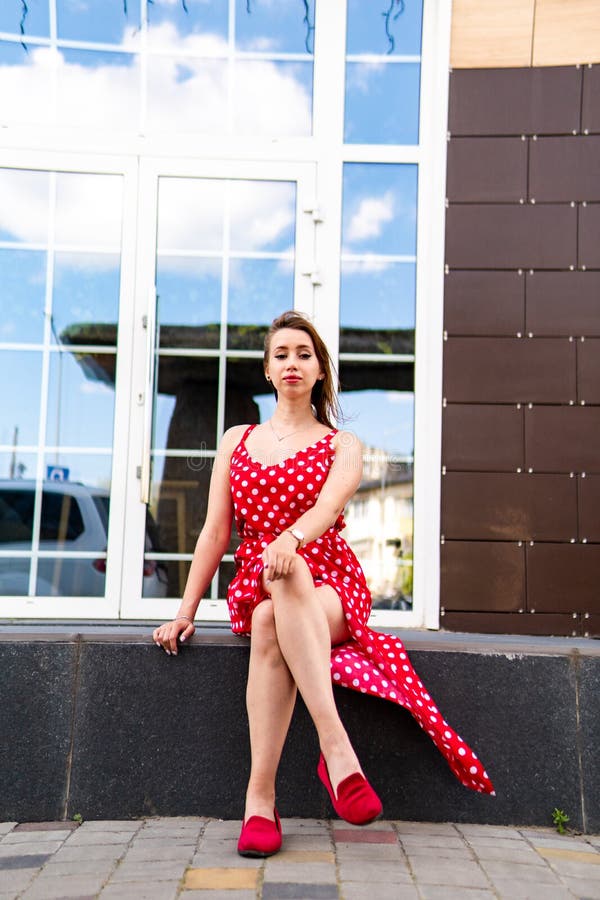 Girl In A Red Dress In White Polka Dots Stock Image Image Of Person