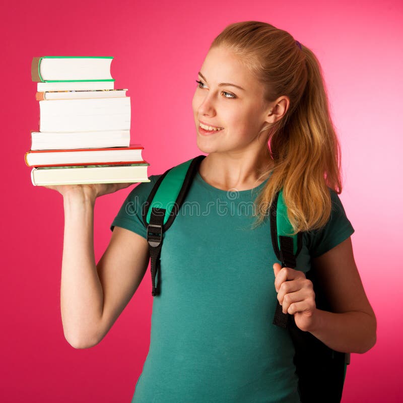 Blonde Student with Stack of Books and Backpack, Happy To Get Kn Stock ...