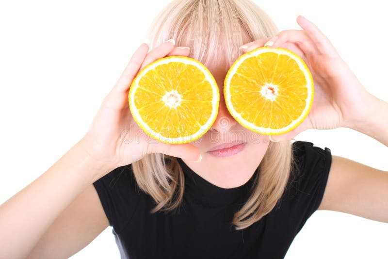 Blonde with Two Orange Slices instead of Eyes Stock Photo - Image of ...