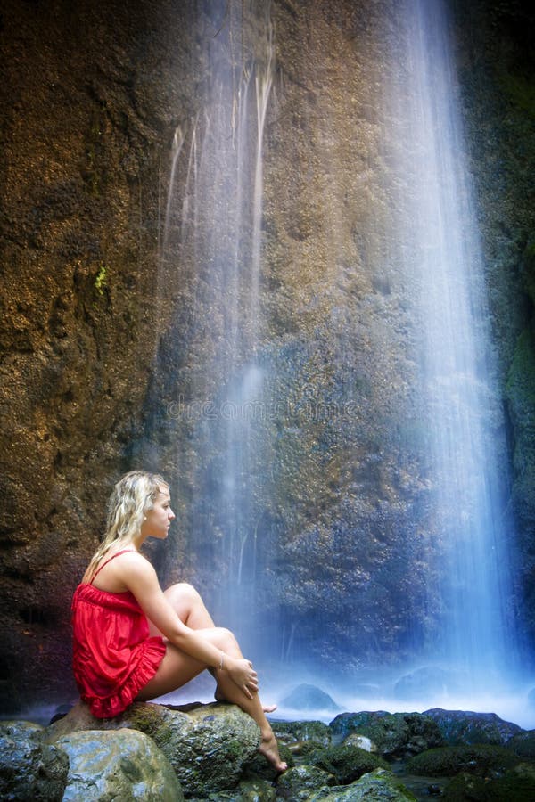 Blonde under waterfall stock image. Image of drop, nature - 7108349