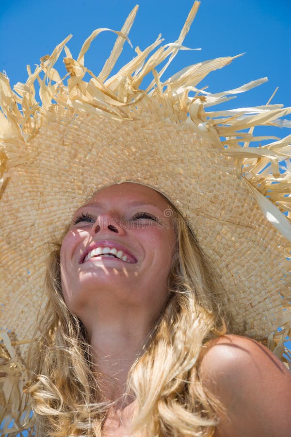 Blonde Wearing Straw Hat On Sunny Beach Stock Image Image Of Long