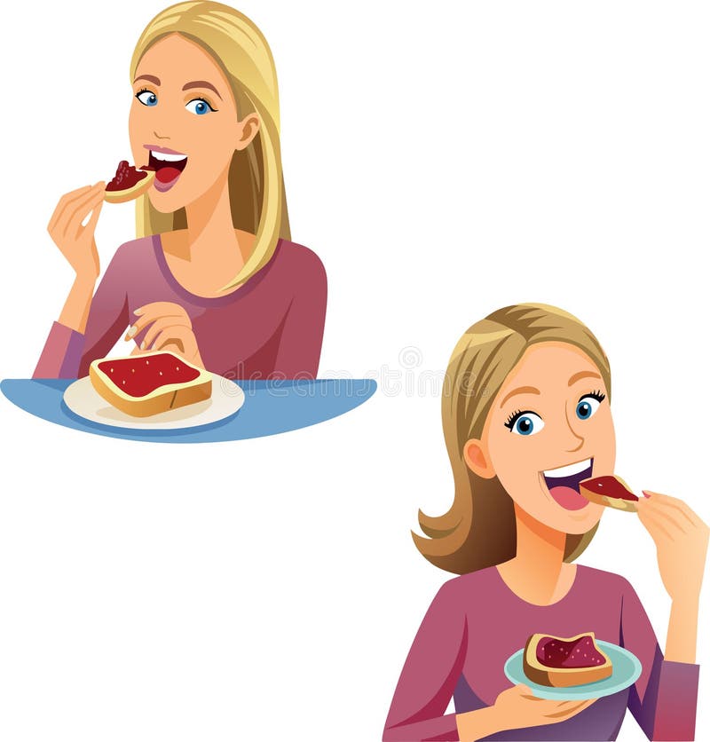 Blonde Woman Eating Toast with Jam- Stock Vector - Illustration of ...