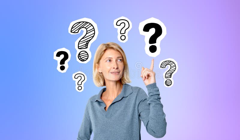 Blonde Woman with Finger Point at Question Marks on Gradient Background ...