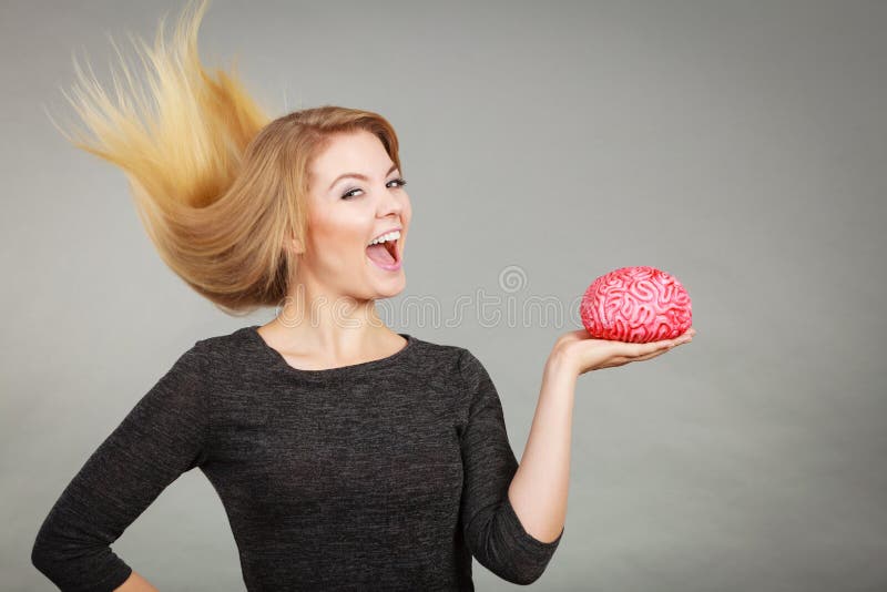 Weird Woman Holding Brain Having Idea Stock Image - Image of student ...