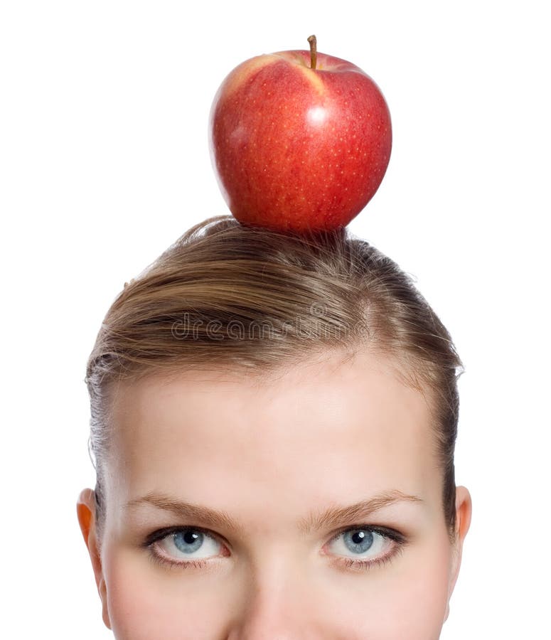 Blonde Woman with a Red Apple on Her Head Stock Image - Image of female ...