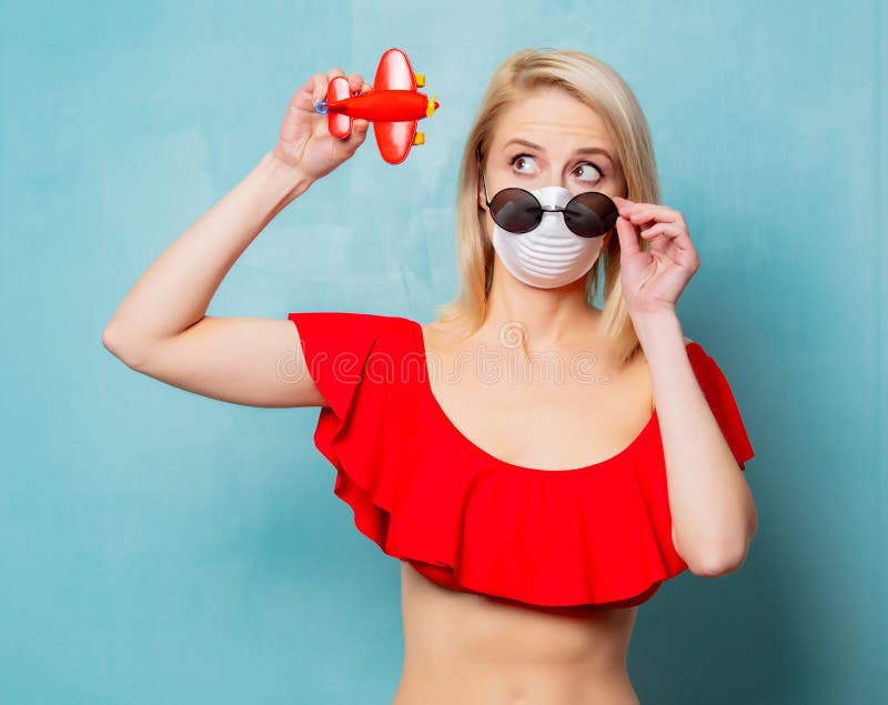 Blonde Woman in Red Bikini and Face Mask with Binoculars Stock Image ...