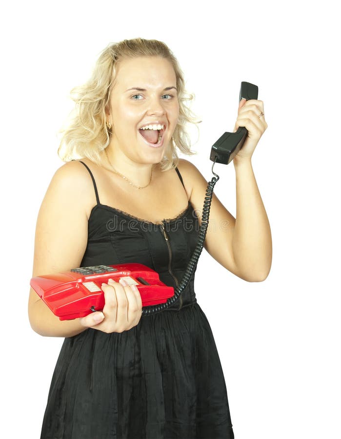 Blonde Woman with a Red Retro Phone Stock Image - Image of ...