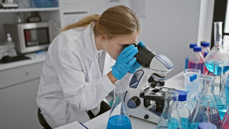 Blonde Woman Scientist Using Microscope in Laboratory Setting with ...