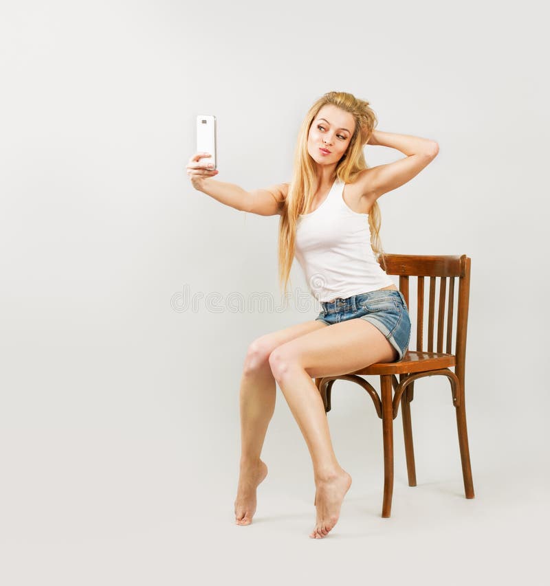 Blonde Woman Taking Self Portrait With Phone Stock Image Image Of