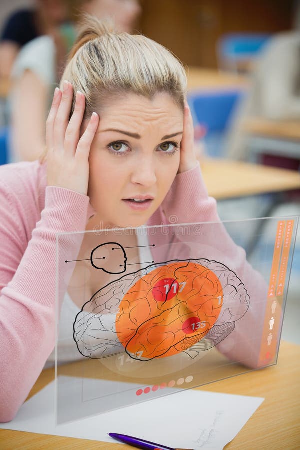 Blonde Woman Thinking Hard while Studying on Futuristic Interface Stock ...