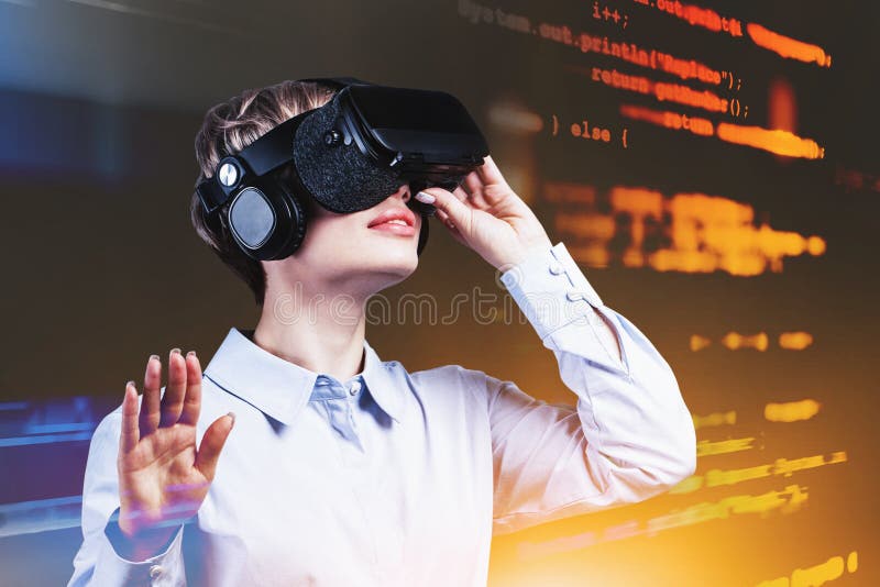 Blonde Woman in Vr Headset Working with Code Stock Image - Image of ...