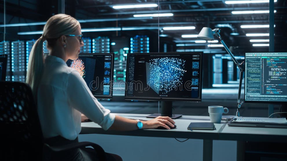 Blonde Woman Working on Her Computer with Display Shows Neural Network, Artificial Intelligence ...