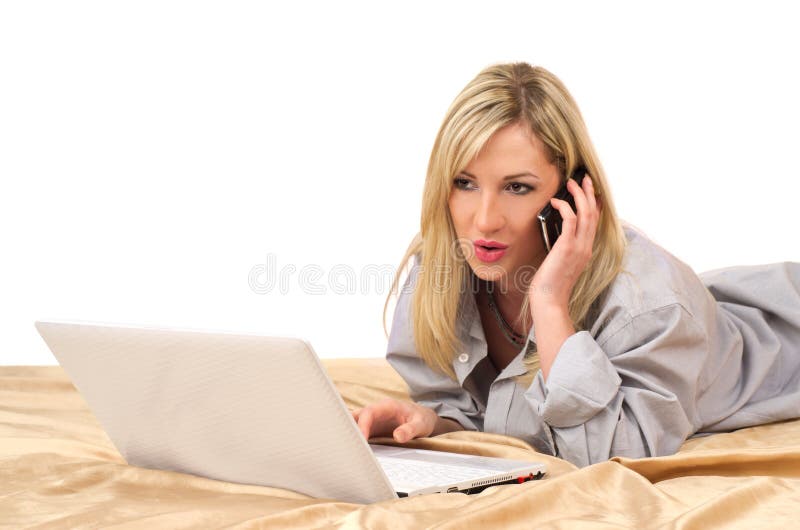 Blonde Woman Working with Laptop on Bed Stock Image - Image of pure ...