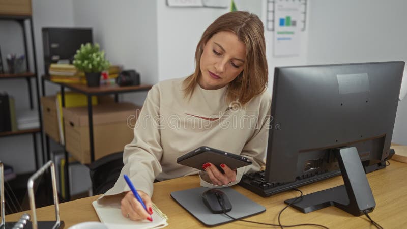 Blonde Woman Working in a Modern Office, Writing in a Notebook and ...
