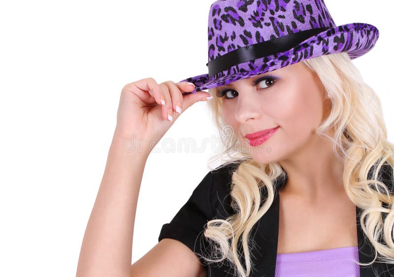 Blonde Young Woman with Purple Leopard Print Hat Stock Image - Image of ...