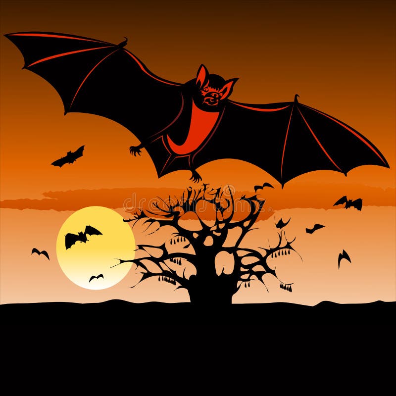 Halloween Vector Illustration: Creepy Cute Vector Bat Flying Against ...