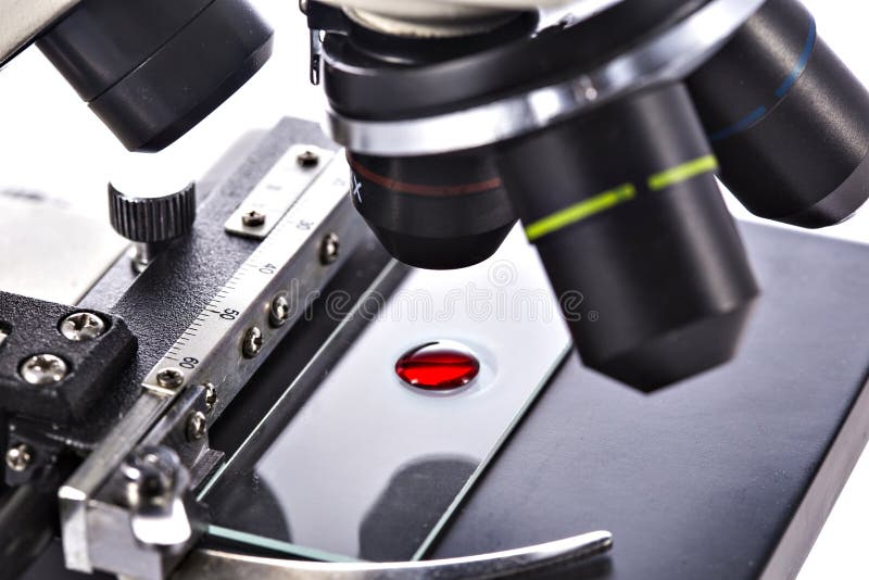 Blood Drop Sample on Test Glass Plate Under Microscope Lens Stock Photo ...