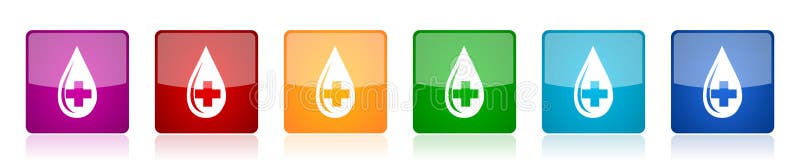 Blood Icon Set, Colorful Square Glossy Vector Illustrations in 6 ...