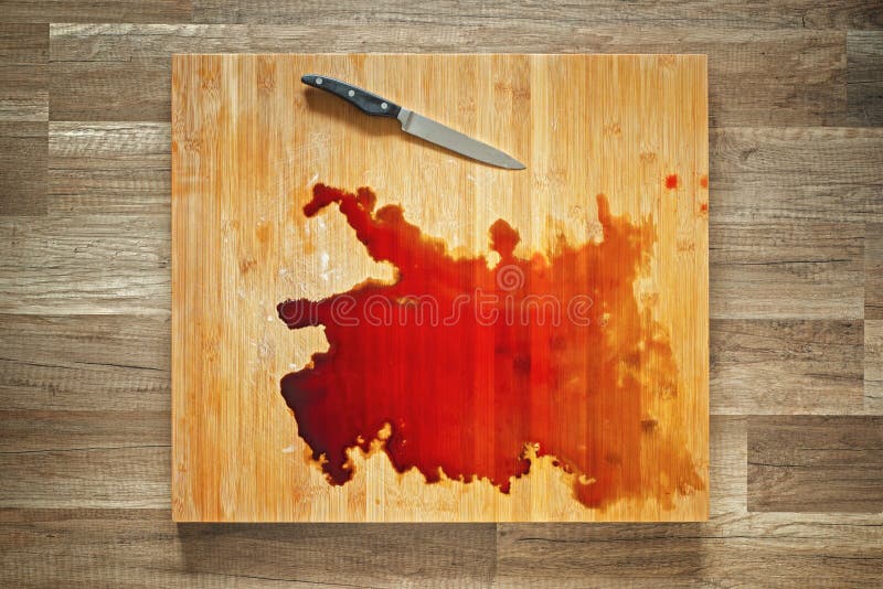 Blood and Knife on the Big Wooden Cutting Board. Stock Image - Image of ...