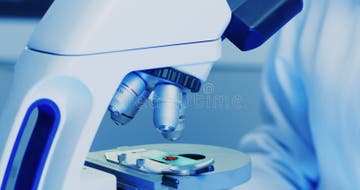 Blood, Microscope and Sample with Person in Lab for Forensic ...