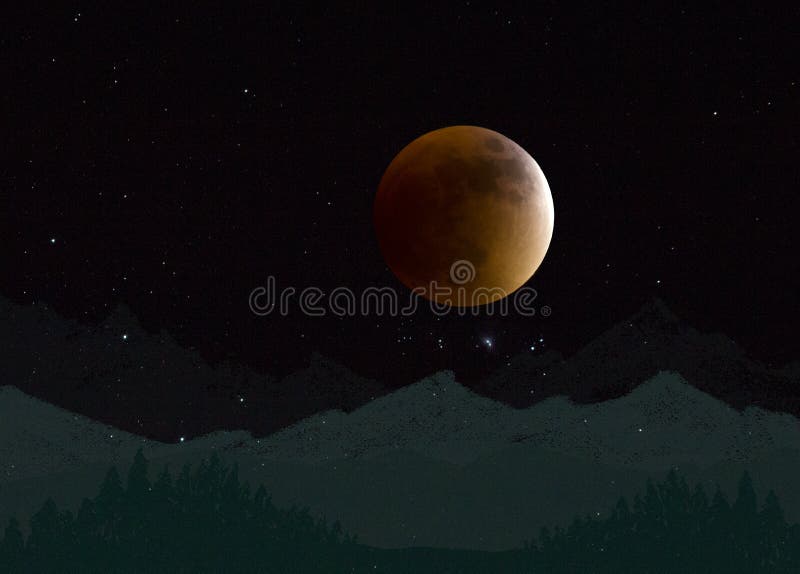 Blood Moon Above the Mountains Stock Illustration - Illustration of ...