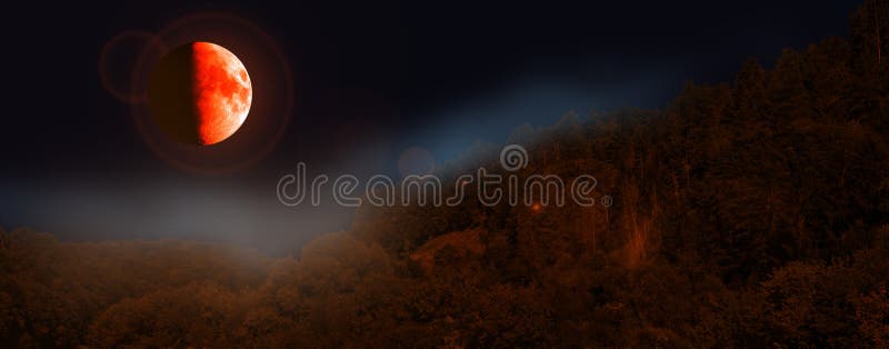 Blood Moon with Orange Surface Over Forest at Night. Half of the Moon ...