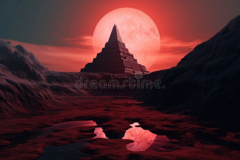 Blood Moon Rising Above Ancient Pyramid Landscape Stock Illustration ...