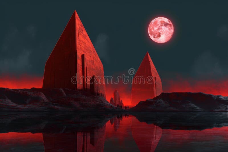 Blood Moon Rising Above Three Aligned Pyramids Stock Illustration ...