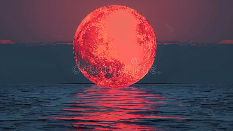 Blood Moon Rising Over Ocean, Red Lunar Eclipse, Night Sky with Full ...