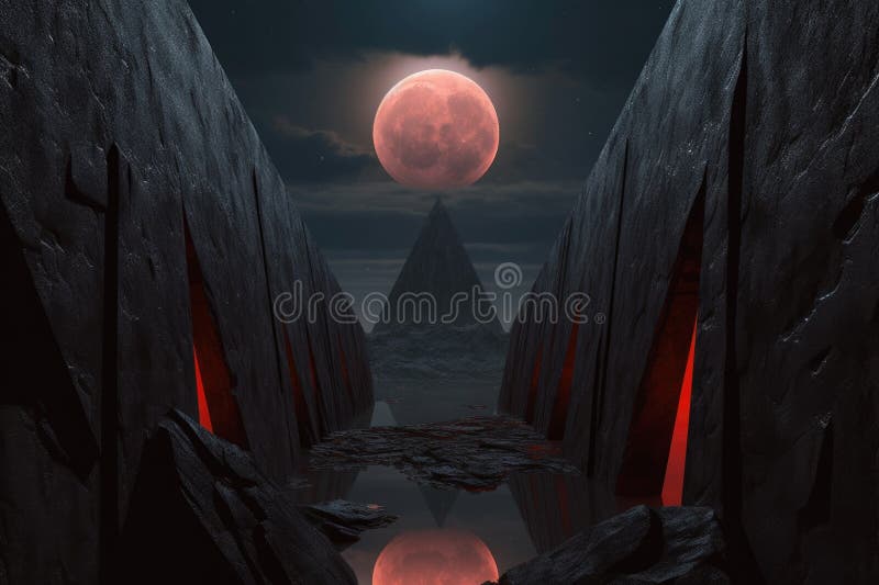 Blood Moon Seen through a Gap between Two Pyramids Stock Photo - Image ...