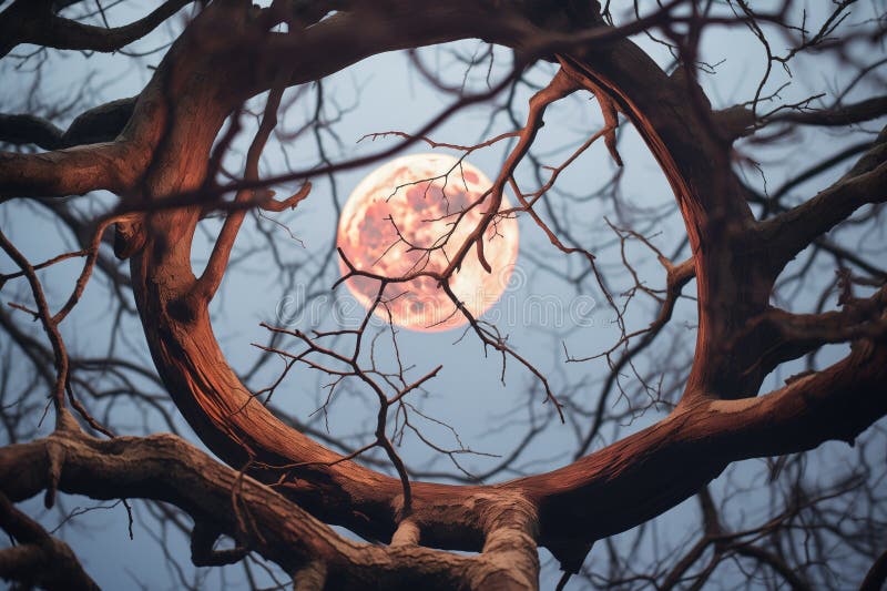 Blood Moon Viewed through Branches of Leafless Tree Stock Illustration ...