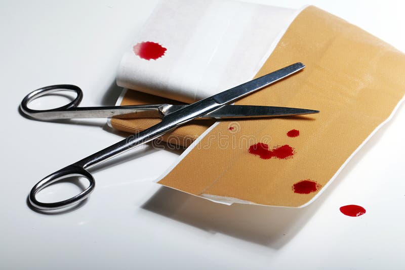 Blood, Path and Scissors, First Aid Needed. Stock Photo - Image of ...
