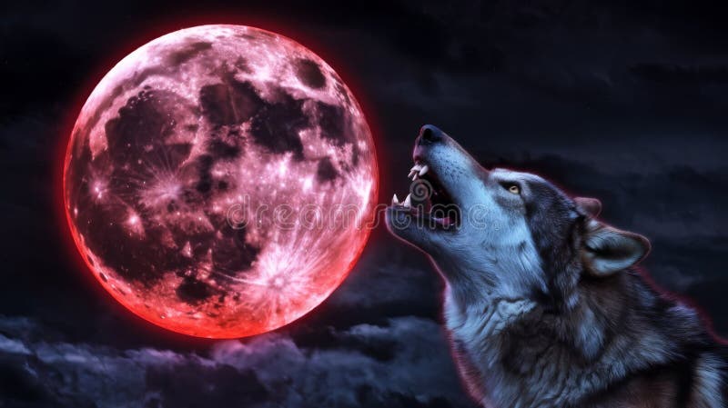 Blood Red Full Moon with Howling Wolf in Black Night Sky for Halloween ...