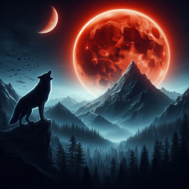 Blood Red Full Moon with Howling Wolf in Black Night Sky for Halloween ...