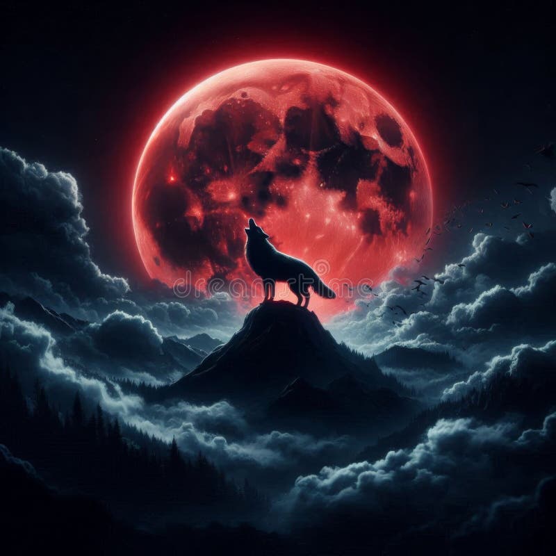 Blood Red Full Moon with Howling Wolf in Black Night Sky for Halloween ...