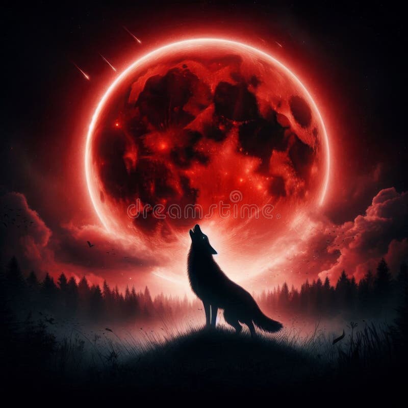 Blood Red Full Moon with Howling Wolf in Black Night Sky for Halloween ...