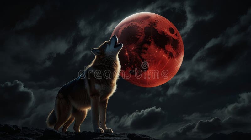 Blood Red Full Moon with Howling Wolf in Black Night Sky for Halloween ...
