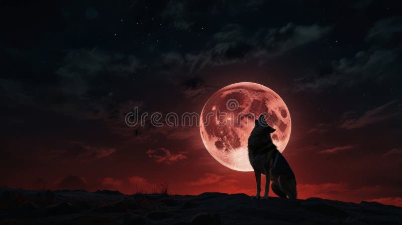 Blood Red Full Moon with Howling Wolf in Black Night Sky for Halloween ...