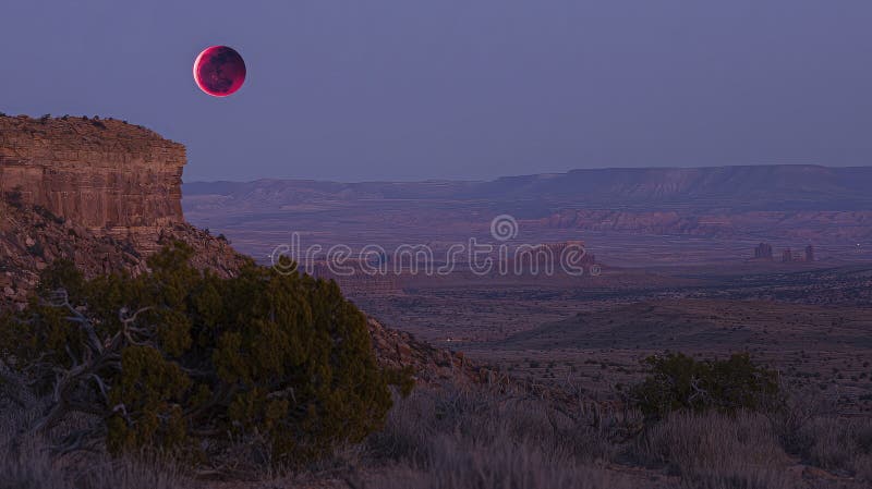 A Blood Red Moon Rises Over a Rugged Desert Landscape, Creating a ...