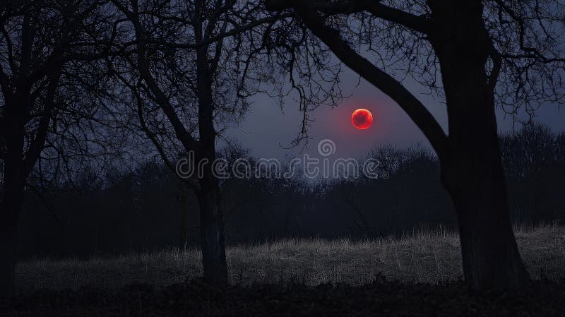 A Blood Red Moon Rising Above the Treetops Stock Image - Image of ...