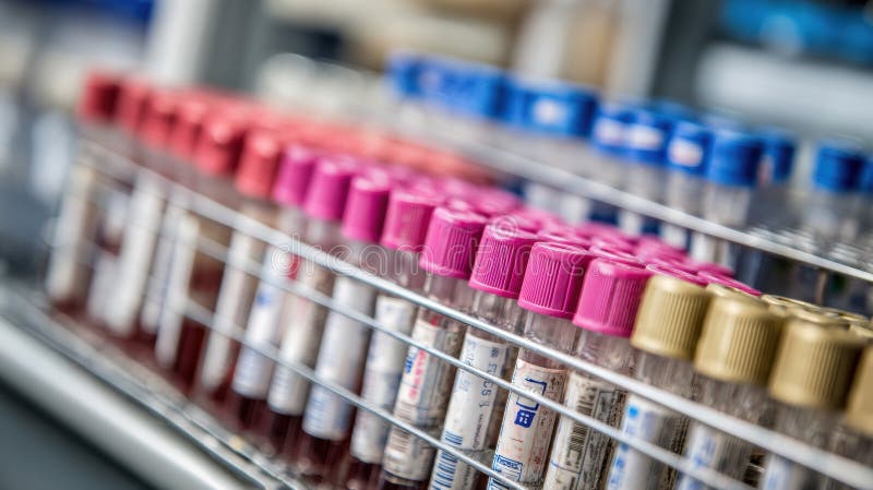 Blood Sample Tubes Arranged in a Rack with Blurred Background ...