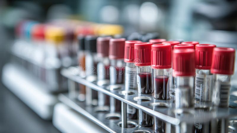 Blood Sample Tubes in a Laboratory Rack with Blurred Background ...