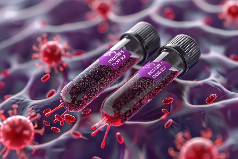 Blood Samples and Erythrocytes in Test Tubes Over Purple Background ...